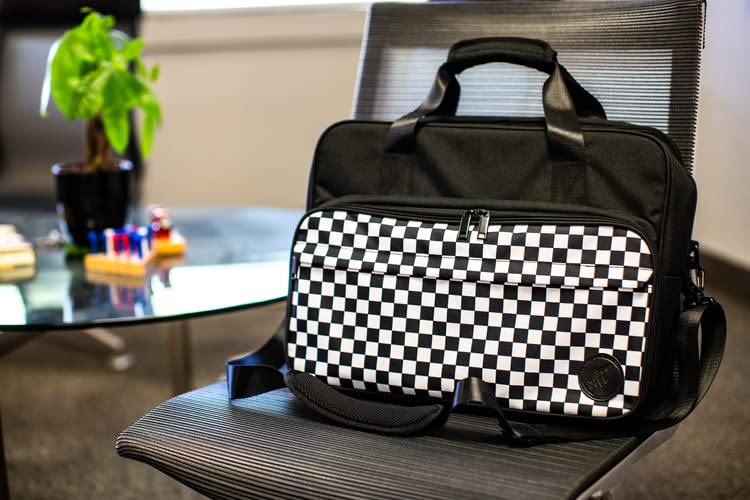 Versatex Black and White Checkered, Waterproof, Portable, Recharging, Charging port, Laptop Bag, Backpack with adjustable straps, expandable compartment, comfortable, strap sleeve