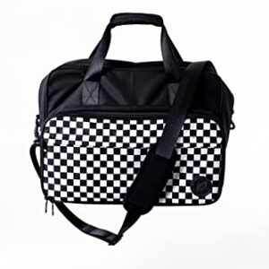 Versatex Black and White Checkered, Waterproof, Portable, Recharging, Charging port, Laptop Bag, Backpack with adjustable straps, expandable compartment, comfortable, strap sleeve