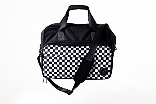 Versatex Black and White Checkered, Waterproof, Portable, Recharging, Charging port, Laptop Bag, Backpack with adjustable straps, expandable compartment, comfortable, strap sleeve