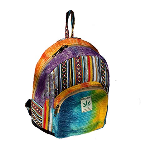 Mini Hemp Backpack | 100% Pure Hemp - All Natural Handmade Multi Pocket Backpack | Travel Backpack - For Women and Men | Boho Hippie - Rainbow