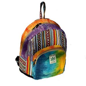 Mini Hemp Backpack | 100% Pure Hemp - All Natural Handmade Multi Pocket Backpack | Travel Backpack - For Women and Men | Boho Hippie - Rainbow