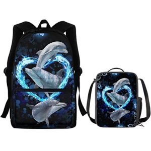 coeqine kids lightweight daypack set 2 pieces with lunch bag,print blue dolphin,girls boys school backpack book bag cute