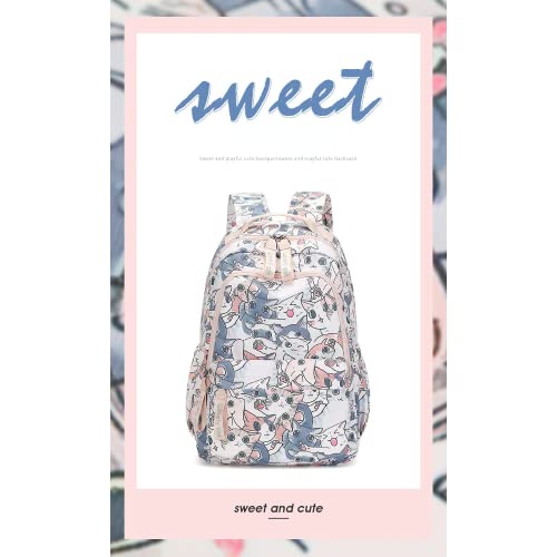 Kawaii Teen Girls Backpack Aesthetic Back to School Bags Cute Cartoon Kitty Dog Large Capacity Casual Daypack (Mix Cat)