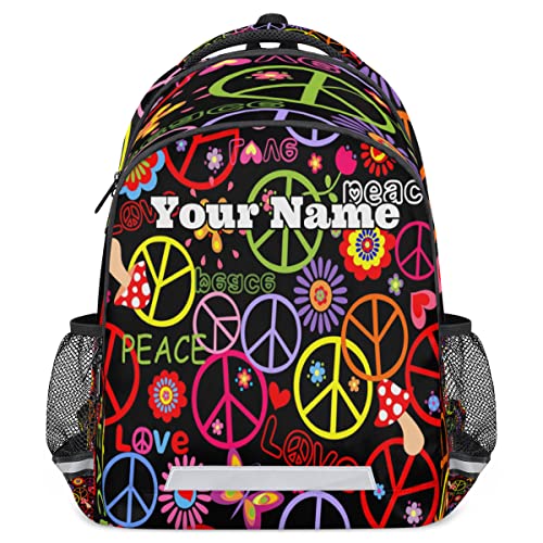 Custom Rainbow Peace Sign Backpack for Men Women with Name Personalized Peace Love Heart Flower School Bookbag Backpacks Customized Travel Casual Daypack Laptop Bag