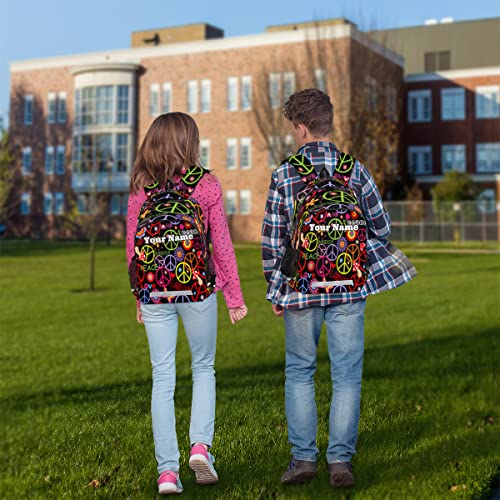 Custom Rainbow Peace Sign Backpack for Men Women with Name Personalized Peace Love Heart Flower School Bookbag Backpacks Customized Travel Casual Daypack Laptop Bag