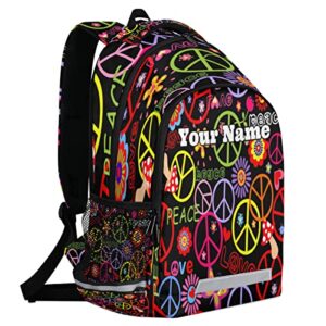 Custom Rainbow Peace Sign Backpack for Men Women with Name Personalized Peace Love Heart Flower School Bookbag Backpacks Customized Travel Casual Daypack Laptop Bag