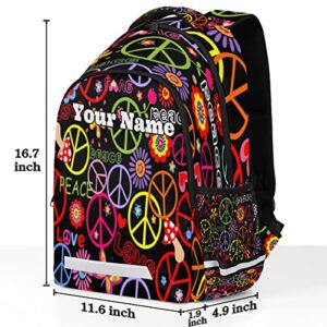 Custom Rainbow Peace Sign Backpack for Men Women with Name Personalized Peace Love Heart Flower School Bookbag Backpacks Customized Travel Casual Daypack Laptop Bag