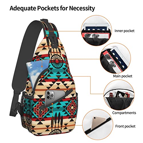 Retro Native Indian American Sling Native Pattern Sling Backpack Crossbody Cross Chest Bag Daypack for Hiking Travel