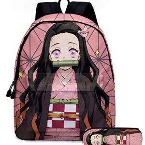 XIXISA Anime Nezuko Shinobu Kanroji Inosuke Cosplay School Backpack with Pencil Case Anime Backpacks for Teens