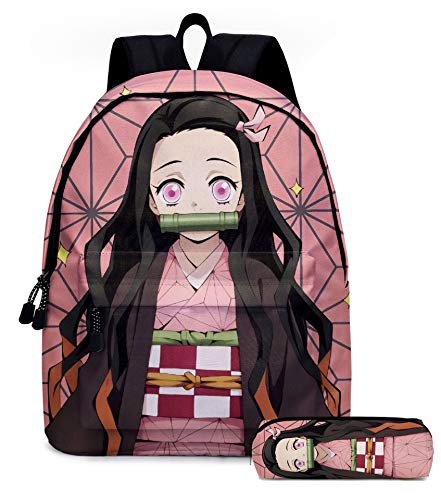 XIXISA Anime Nezuko Shinobu Kanroji Inosuke Cosplay School Backpack with Pencil Case Anime Backpacks for Teens