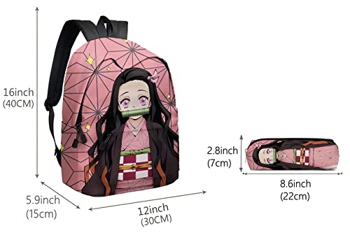 XIXISA Anime Nezuko Shinobu Kanroji Inosuke Cosplay School Backpack with Pencil Case Anime Backpacks for Teens