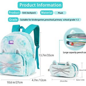 Bendopa Cat Backpack for Girls, Kids backpack Set with Pencil Case, Plush Kitty Schoolbag for Children, Furry Green