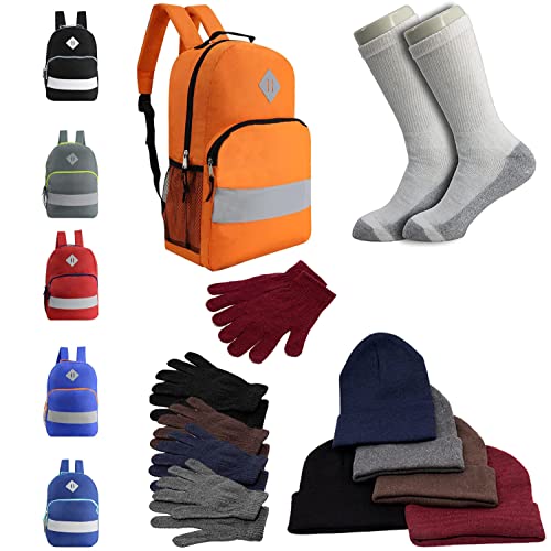 Bulk Case of 12 Backpacks and 12 Winter Item Sets and 12 Socks - Wholesale Care Package - Emergencies, Homeless, Charity