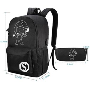 Pawsky Backpacks for Boys, Baseball Anime Luminous Backpack with USB Charging Port, Anti Theft Lock and Pencil Case, College School Bookbag Lightweight Laptop Bag, Black