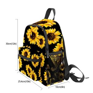 ZGONOHYE Girls Cute Mini Backpack Yellow Sunflower On Black Small Backpack Purse for Women School Bag for Girls Boys