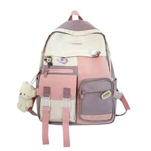 cute canvas kawaii backpack with pins 16″ pink aesthetic bag fashion shoulder backpack with hanging bear fancy college bags lightweight travel bag (blue and pink)