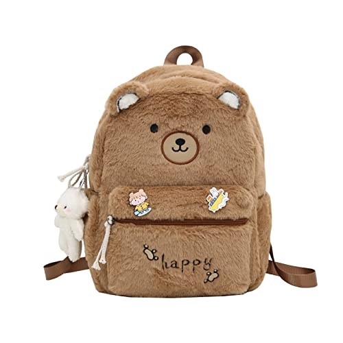 Kawaii Backpack for Girls Cute Fluffy Bear Japanese Style Rucksack (Coffee)