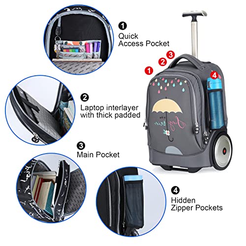 UNIKER Rolling Laptop Bag for 14 Inch Laptop,19 Inch Roller Bookbag for Girl Boy,Wheeled Computer Bag,Suitcase on Wheels,Trolley School Bag Grey,Schoolbag with Wheels