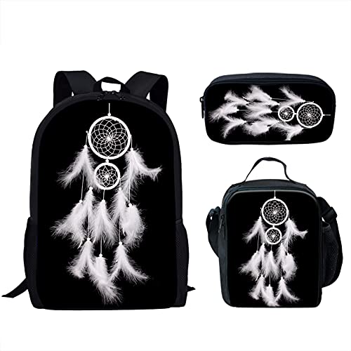 Howilath 3 PCS Dreamcatcher Canvas Daypack Casual School Bag for Girls, Kids 17 Inch Backpack Set Teen Boys Shoulder School Bags Insulated Lunchbox with Pencil Case