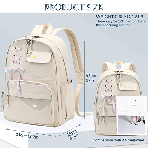 Lanola Teen Girl School Backpack Casual Hiking Daypack Bookbag Elementary Middle School Womens College Fashion Travel Backpack with Cute Ribbon for Girls Women - Beige