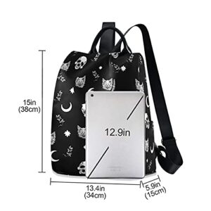 Skull Cat Moon Gothic Backpack Purse for Women Nylon Anti-theft Travel Backpack Lightweight Shoulder Bag with Plush Ball Keychain