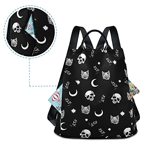 Skull Cat Moon Gothic Backpack Purse for Women Nylon Anti-theft Travel Backpack Lightweight Shoulder Bag with Plush Ball Keychain