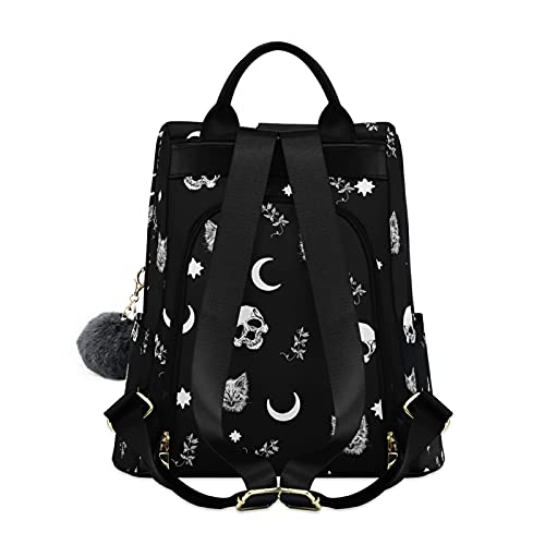 Skull Cat Moon Gothic Backpack Purse for Women Nylon Anti-theft Travel Backpack Lightweight Shoulder Bag with Plush Ball Keychain