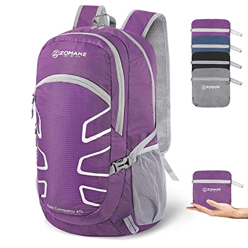 ZOMAKE 45L Lightweight Packable Backpack - Light Foldable Hiking Backpacks Water Resistant Large Folding Daypack for Travel(Purple)