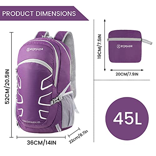 ZOMAKE 45L Lightweight Packable Backpack - Light Foldable Hiking Backpacks Water Resistant Large Folding Daypack for Travel(Purple)