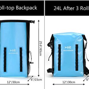 BASSDASH Waterproof TPU Backpack 24L Roll-Top Dry Bag with Rod Holder for Fishing, Hiking, Camping, Kayaking, Rafting