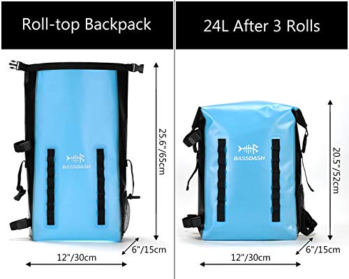 BASSDASH Waterproof TPU Backpack 24L Roll-Top Dry Bag with Rod Holder for Fishing, Hiking, Camping, Kayaking, Rafting