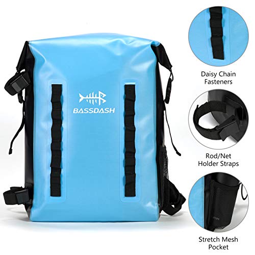 BASSDASH Waterproof TPU Backpack 24L Roll-Top Dry Bag with Rod Holder for Fishing, Hiking, Camping, Kayaking, Rafting