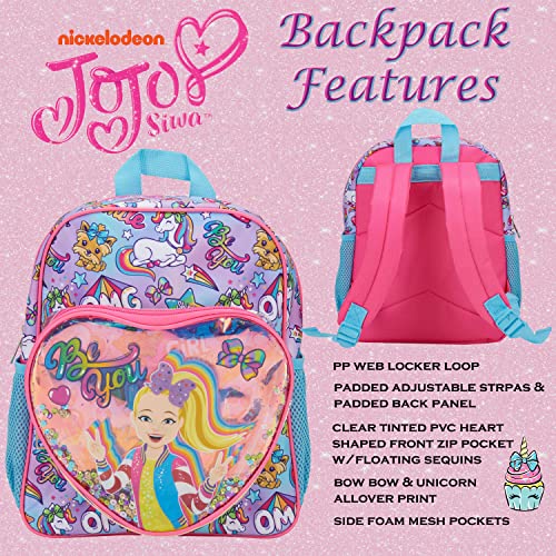 AI ACCESSORY INNOVATIONS Jojo Siwa Mini Backpack PURSE for Girls, Confetti Heart Shaped Pocket, Unicorn Print, 12” Bookbag w/Adjustable Straps