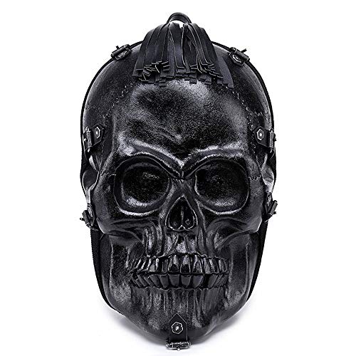 HANXIUCAO 3D Stereo Skull Backpack PU Backpack Waterproof Silicone Embossed Ghost Head Knapsack, Black, Medium