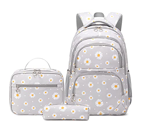 Daisy-Print School Backpack Set with Lunch Kits Bookbag for Teenager Girls 3pcs Gradient SchoolBag for Primary Student