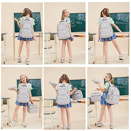 Daisy-Print School Backpack Set with Lunch Kits Bookbag for Teenager Girls 3pcs Gradient SchoolBag for Primary Student