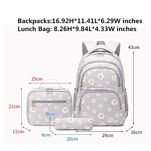 Daisy-Print School Backpack Set with Lunch Kits Bookbag for Teenager Girls 3pcs Gradient SchoolBag for Primary Student