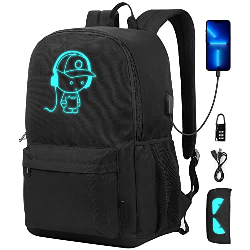 SAMIT Anime Luminous Backpack with USB Charging Port & Anti Theft Lock &Pencil Case Daypack Laptop Backpack