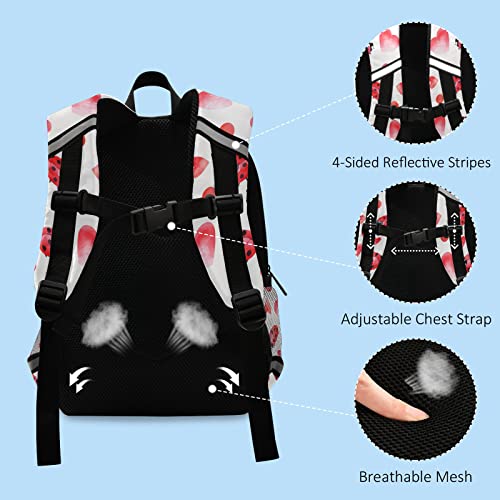 Glaphy Ladybug Hearts Kids Backpack for Boys Girls, Kindergarten Elementary Toddler Backpack with Reflective Stripes, Preschool Bookbags with Chest Strap