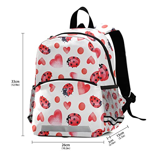 Glaphy Ladybug Hearts Kids Backpack for Boys Girls, Kindergarten Elementary Toddler Backpack with Reflective Stripes, Preschool Bookbags with Chest Strap