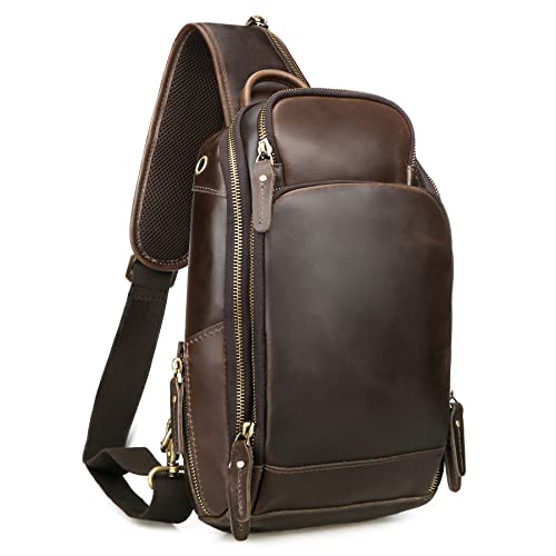 Hespary Retro Real Cowhide Leather Sling Bag Chest Daypack Single Strap Backpack For Men fits 11" iPad