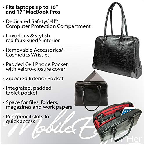 Mobile Edge Women's Black, Milano 15.4 Inch Business Laptop Handbag Faux Croc, Soft Poly-Suede Lining Protection, MEMC1S