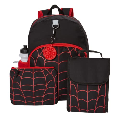 RALME Spiderweb Backpack Set for Boys, 16 inch, 6 Pieces with Foldable Lunch Bag, Water Bottle, Pencil Case, Pop It Key Chain, and Carabiner Clip