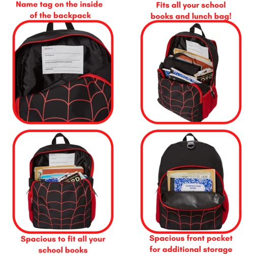 RALME Spiderweb Backpack Set for Boys, 16 inch, 6 Pieces with Foldable Lunch Bag, Water Bottle, Pencil Case, Pop It Key Chain, and Carabiner Clip