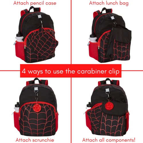 RALME Spiderweb Backpack Set for Boys, 16 inch, 6 Pieces with Foldable Lunch Bag, Water Bottle, Pencil Case, Pop It Key Chain, and Carabiner Clip