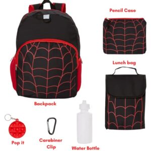 RALME Spiderweb Backpack Set for Boys, 16 inch, 6 Pieces with Foldable Lunch Bag, Water Bottle, Pencil Case, Pop It Key Chain, and Carabiner Clip