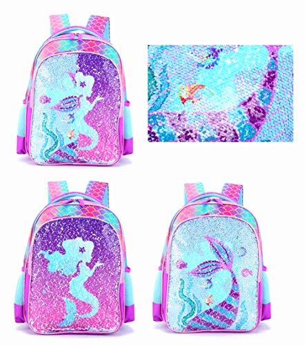 Reversible Sequin School Backpack Lightweight Little Kid Book Bag for Preschool Kindergarten Elementary (15", Mermaid)