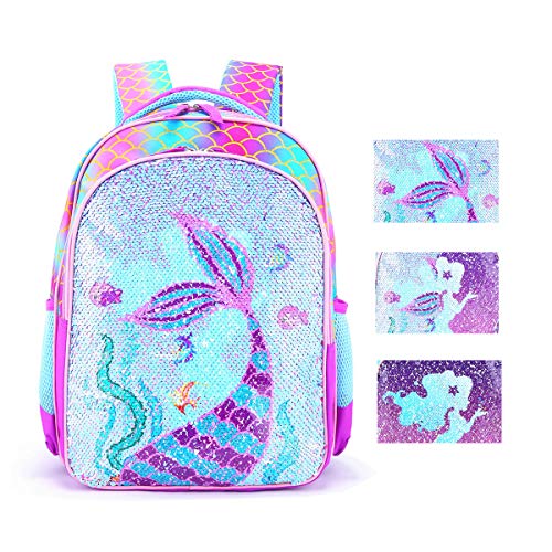 Reversible Sequin School Backpack Lightweight Little Kid Book Bag for Preschool Kindergarten Elementary (15", Mermaid)