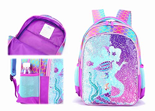 Reversible Sequin School Backpack Lightweight Little Kid Book Bag for Preschool Kindergarten Elementary (15", Mermaid)