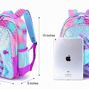 Reversible Sequin School Backpack Lightweight Little Kid Book Bag for Preschool Kindergarten Elementary (15", Mermaid)